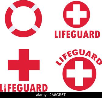 Lifeguard icons set with water safety equipment symbols flat isolated ...