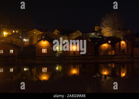 A night view of the medieval town of Porvoo in the Uusimaa region of ...