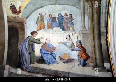 Peter denies Jesus before the rooster crows three times, fresco in the ...