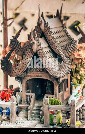 A old wooden spirit house or Joss house built for guardian spirit to ...