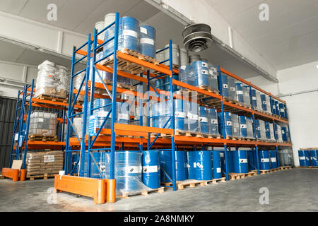Chemical drums stored in warehouse Katalco UN3077 Chemical Catalyst ...