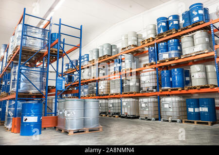 Chemical drums stored in warehouse Katalco UN3077 Chemical Catalyst ...