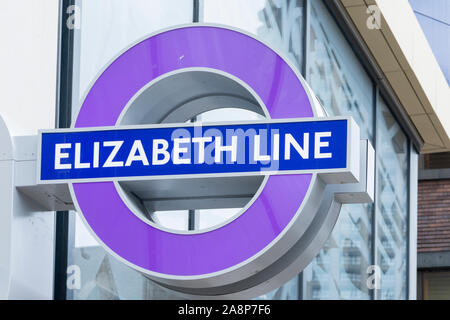 Elizabeth Line TFL Roundel sign at the entrance to the Elizabeth Line ...