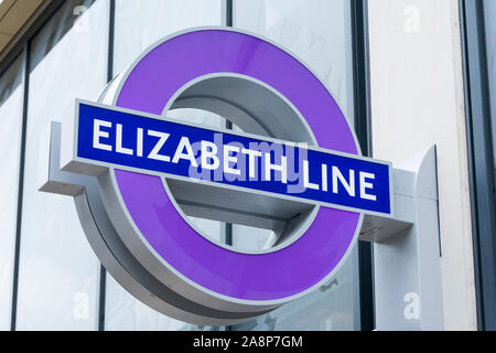 Elizabeth Line signage at Farringdon Crossrail Station, London, England ...