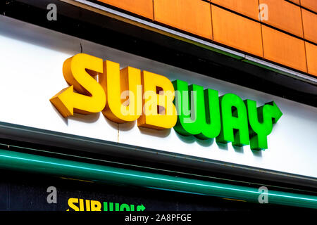Subway sandwich chain shop sign, Leicester Square, 1 Irving St, London ...
