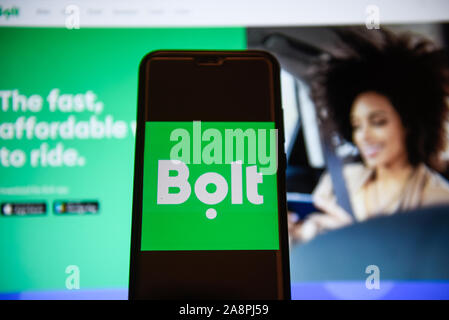 In this photo illustration the Bolt logo is seen on a smartphone screen ...