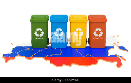Waste recycling in Russia. Colored recycling bins with Russian flag, 3D ...