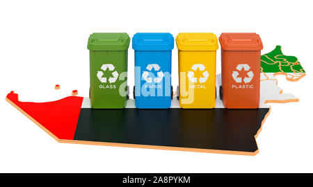 Waste recycling in the UAE. Colored recycling bins with the United Arab ...