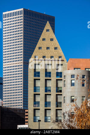 Modern architecture of The Denver Public Library at dusk Colorado ...