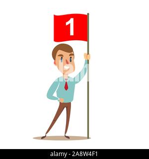 Cartoon of businessman holding number flag first place in finish line ...