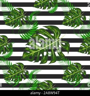 Exotic leaves and flowers on geometrical ornament. Seamless tropical ...