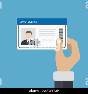 Hand holding id card, car driving licence vector illustration. Driver with license to driving ...