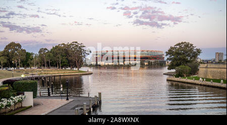 Claisebrook Cove opening into the Swan River and Optus Stadium across ...