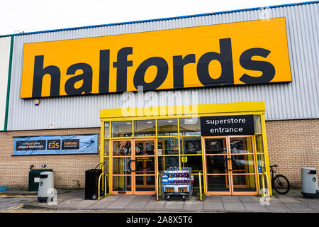 Street view of the front of the Halfords store in Bridgend Retail Park ...