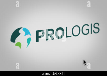 Close-up of Prologis logo on metal sign outside building on sunny day ...
