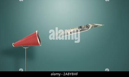 Hundred Dollar Paper Bills are coming out from a vintage red megaphone ...