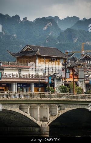Wulingyuan, China - August 2019 : Wide arched bridge over Suoxiyu river ...