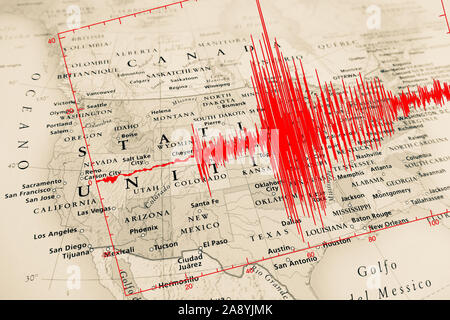 Red seismic wave over United States map, black and white effect Stock ...