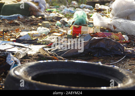 A pile of garbage in the forest park near the campfire site ...