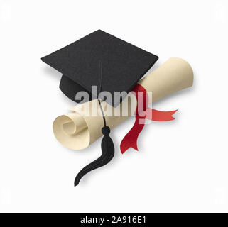 Certificate with copy-space and scroll diploma, books and mortar board ...