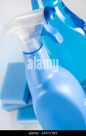 Bottles of detergents with cleaning tools and spring flowers on white ...