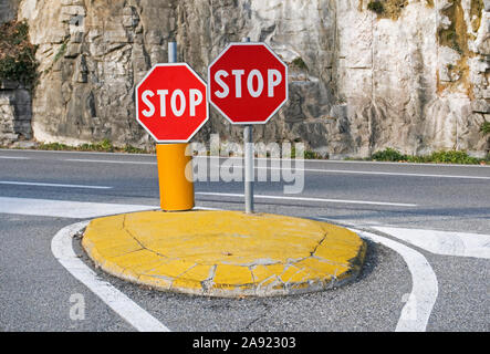 Double stop sign at a road junction construction in Nova Scotia Stock ...