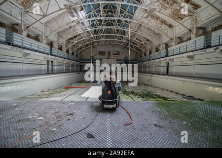 Full Shot of Abandoned Indoor Swimming Pool with Graffiti, Vandalism ...
