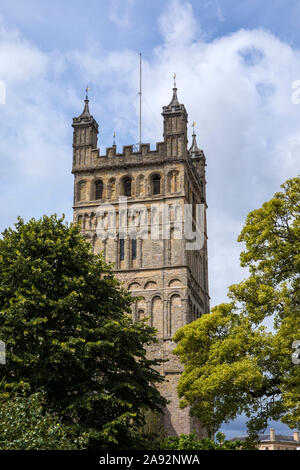 The Norman south tower of Exeter Cathedral, seen from Cathedral Gardens ...