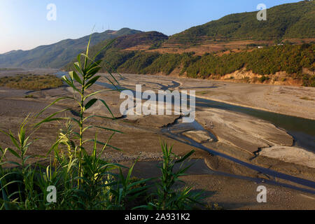 The gravel bars of a braided stream of the Devoll River in Albania ...