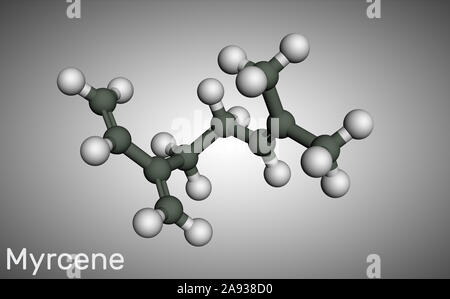 Myrcene monoterpene molecule. 3D rendering. Atoms are represented as ...