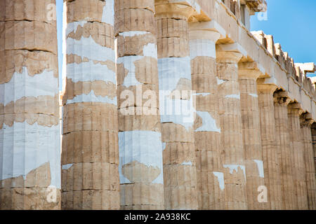 Closeup of columns/colonnade of the Parthenon, atop the Acropolis in ...