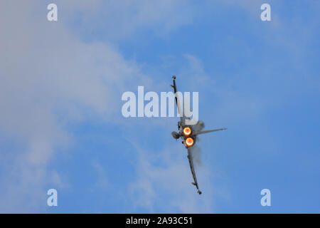 Rear view of an airborne RAF Typhoon multirole jet fighter, showing the ...