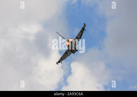 Rear view of an airborne RAF Typhoon multirole jet fighter, showing the ...