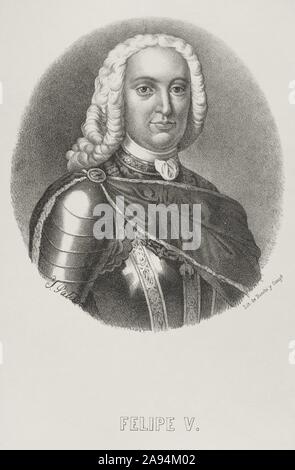 Felipe V de España, llamado "El Animoso" (1683-1746). Rey de España. Dibujo por Salcedo ...