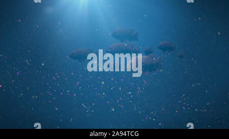 Plastic waste particles floating in the ocean. with fish full of ...