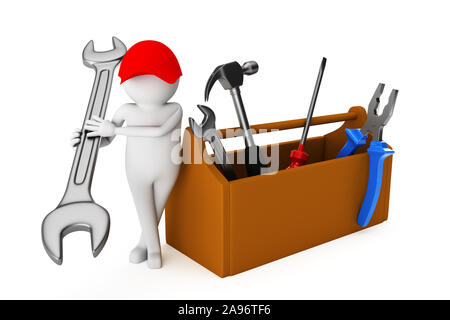 3D Man is going fo Fix something with his working tools on a white ...