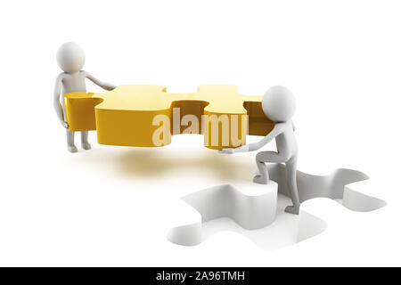 3D Man is solving a problem by putting last piece of puzzle on a white ...