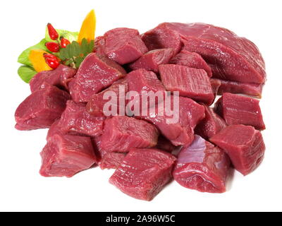 Raw Diced game meat of wild venison dear. Isolated, white background ...