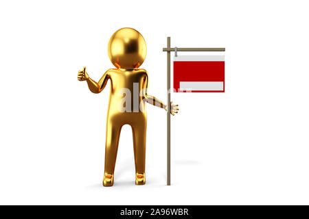 Golden 3D Man is presenting in front of an empty board against white ...