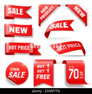 NEW OFFER. A red banner, pointer, sticker, label or speech bubble for ...