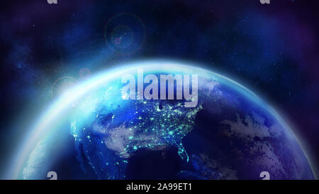 Planet Earth half night and half day with city lights and clouds in ...