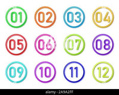 3D numbers bullet point. Circle buttons with numbers vector set. Colorful 3d buttons icons ...