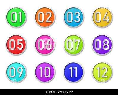 3D numbers bullet point. Circle buttons with numbers vector set. Colorful 3d buttons icons ...