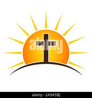 Bible, sunset and cross. Church logo concept. Isolated on white Stock ...