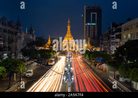 Sule Pagoda car lights Yangon Burma Myanmar Stock Photo - Alamy