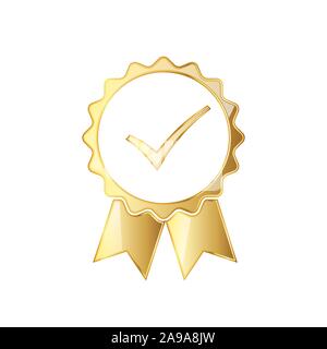 Medal with gold check mark and ribbons icon symbols. prize, winner ...
