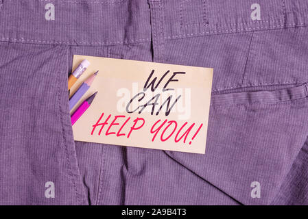 Writing note showing We Can Help. Business photo showcasing Let us ...
