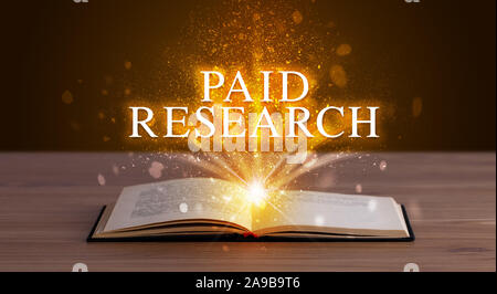 PAID RESEARCH inscription coming out from an open book, educational ...