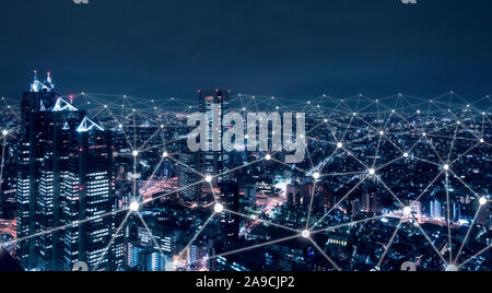 Business and technology concept with networking grid and man using ...