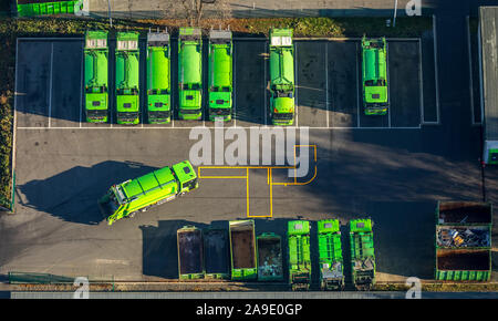 Aerial view, green refuse collection vehicles, refuse vehicles with ...